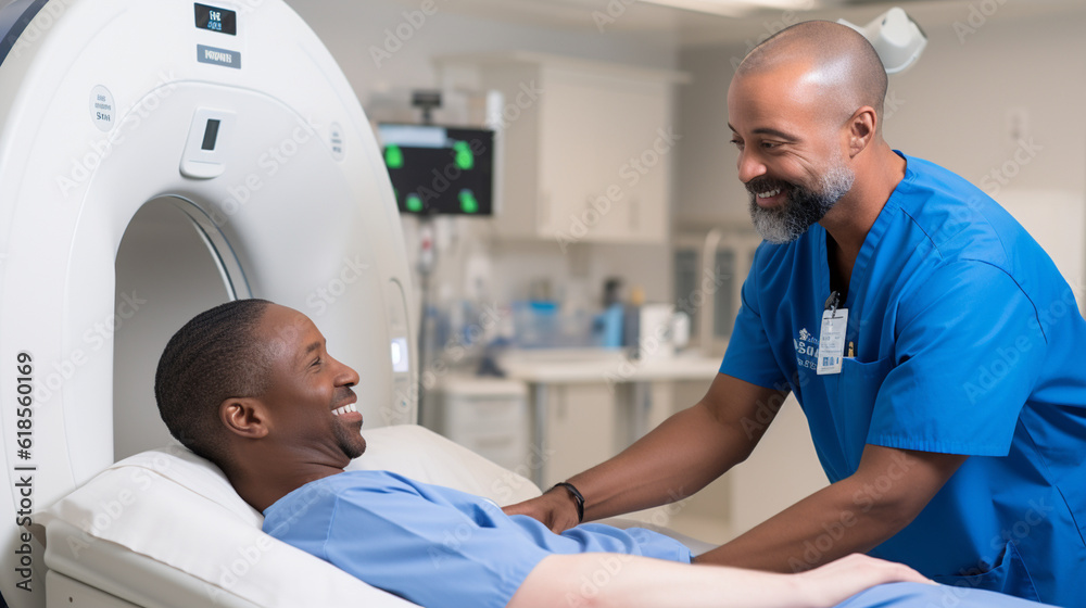A nuclear medicine technologist preparing a patient for a PET/CT scan ...