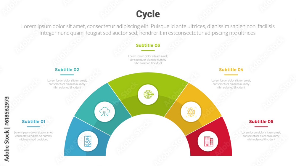 cycle or cycles stage infographics template diagram with half circle ...