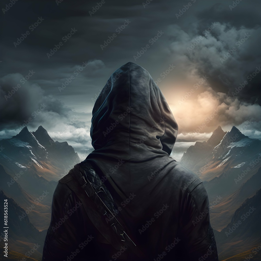 man in black hood looking up back shot beautiful sky horizon in a ...