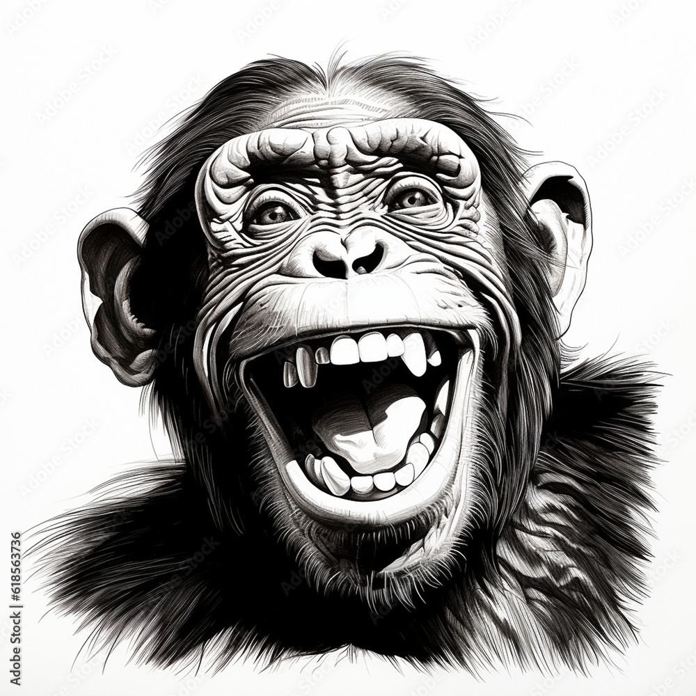 Chimpanzee with a big smile in illustration sketch isolated on a white ...