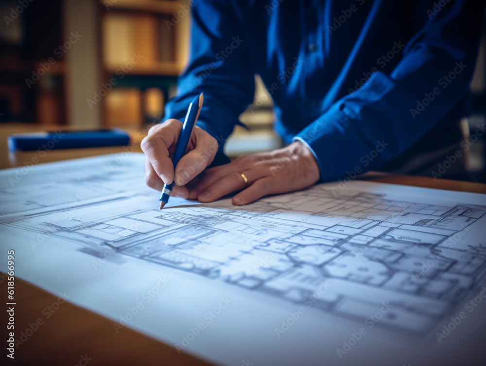 Collaborative Work: Engineer Hand Drawing Plans on Blueprints ...