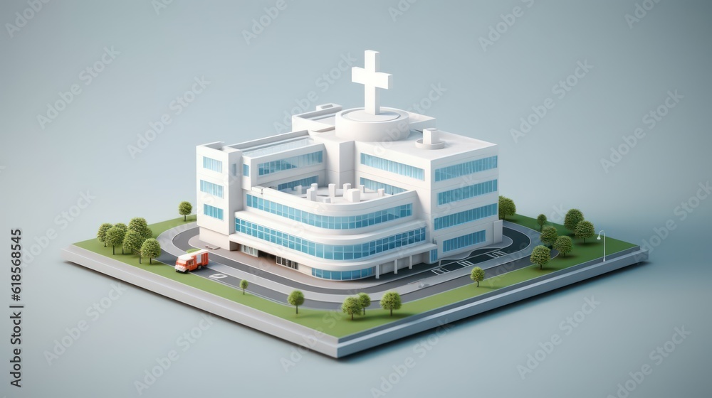 3D illustration of white hospital building with slope floor for ...