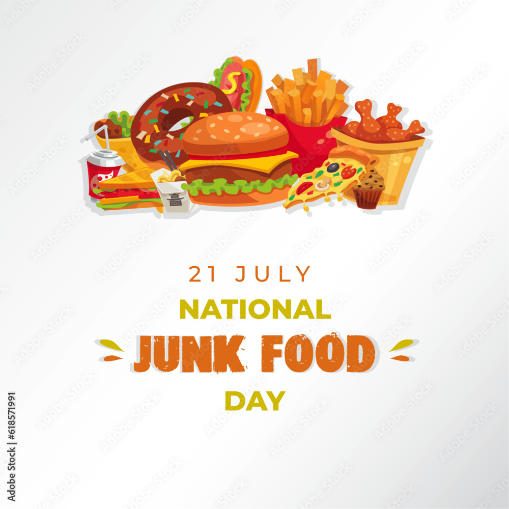 National Junk Food Day poster with pile of junk food vector. Group of ...