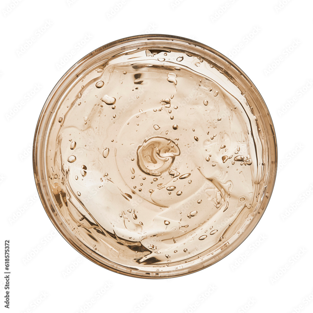 Beautiful fresh cooling gel texture closeup in round container from top ...