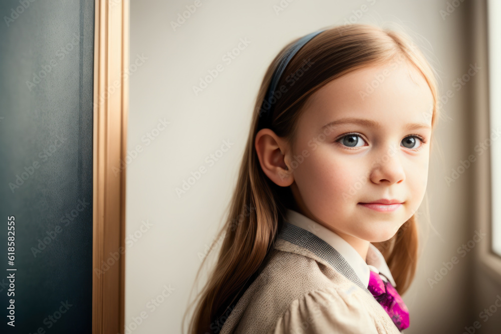 Digital portrait of cute little school girl in front of the blackboard ...