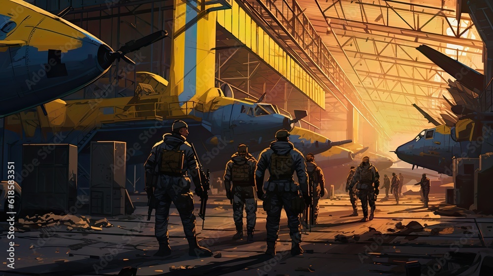 Soldiers getting ready to go on a war battlefield in a hangar shed ...