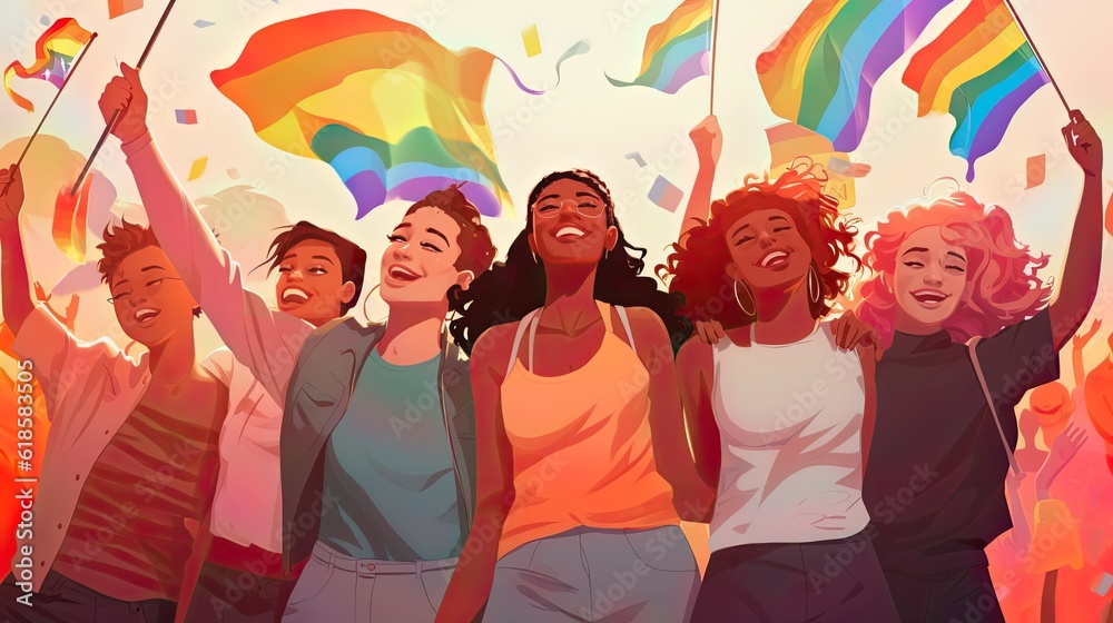 group of friends smiling queer LGBTQIA+ LGBT people walking in the ...