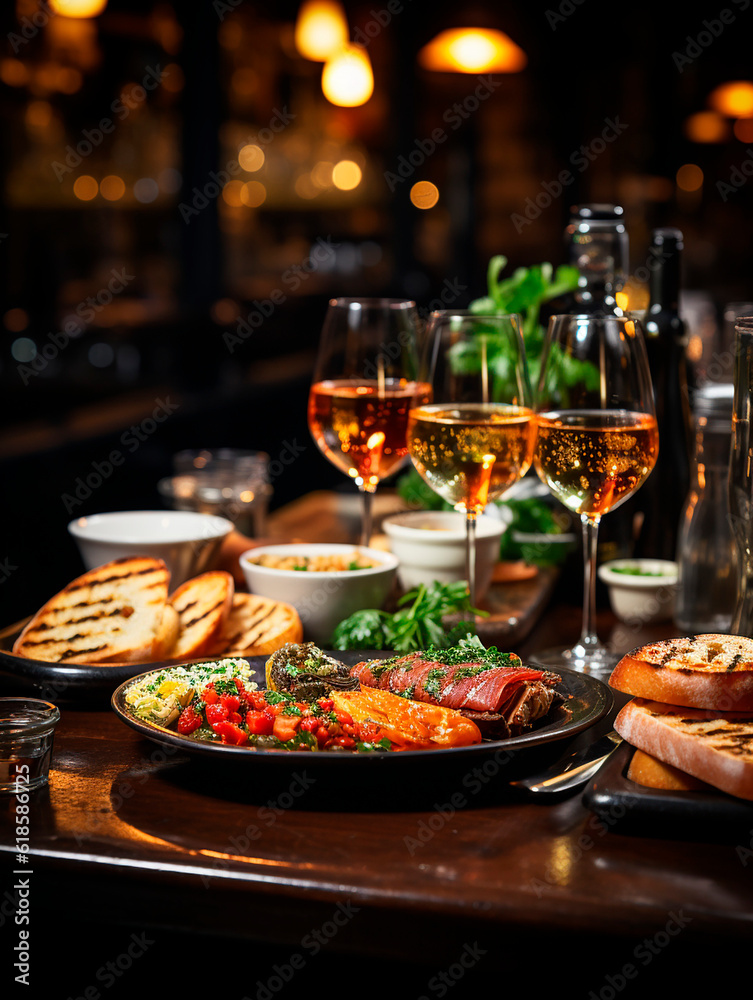 Elegant and select restaurant table Tapas and appetizers, assorted ...