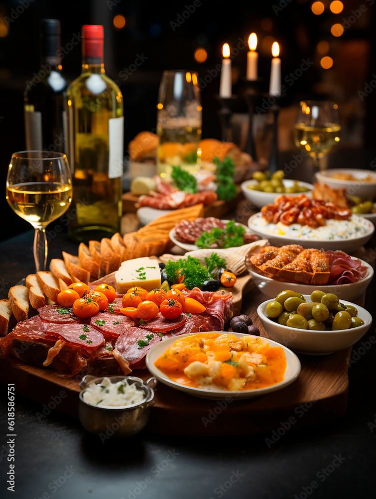 Elegant and select restaurant table Tapas and appetizers, assorted ...
