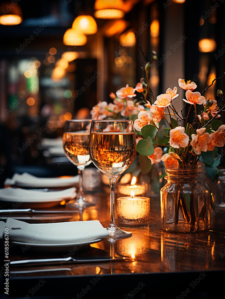 Elegant and select restaurant table Wine Glass and appetizers, on the ...