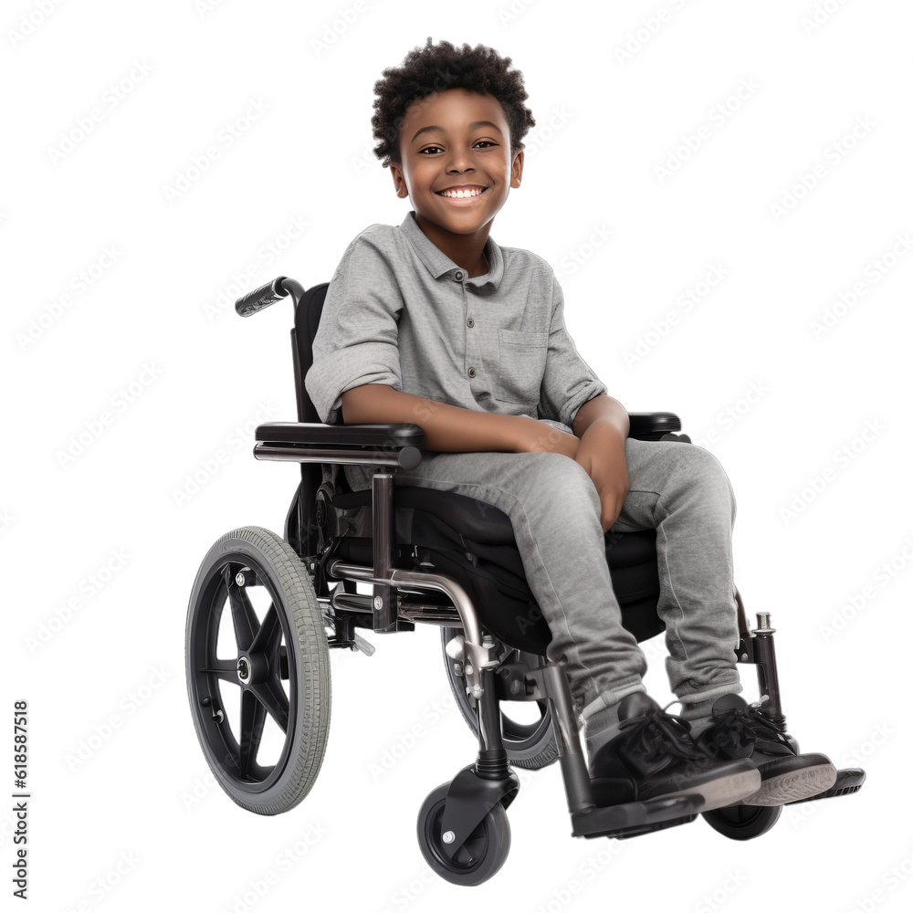 Black happy child in wheelchair looking at camera isolated on ...