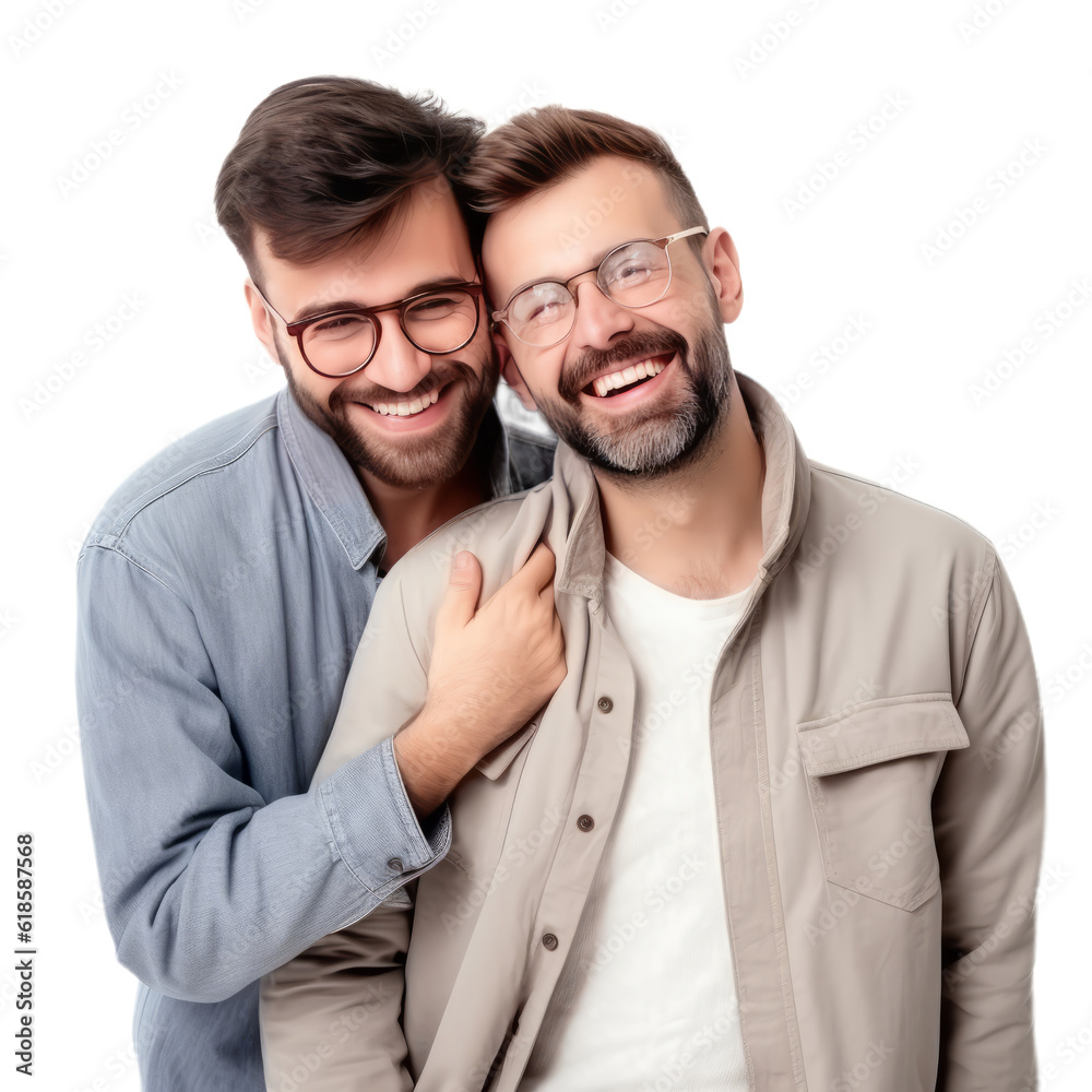 Couple Of Happy Gay Men Hugging Each Other And Laughing Isolated On