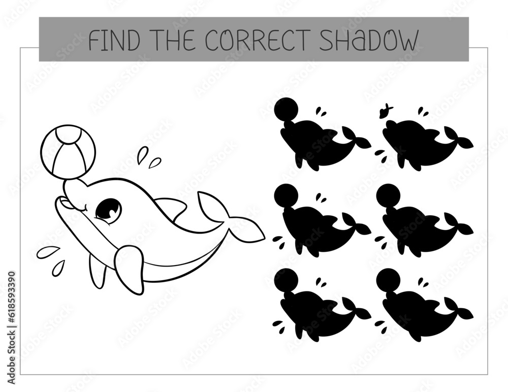 Find the correct shadow coloring book with dolphin with ball. Coloring ...