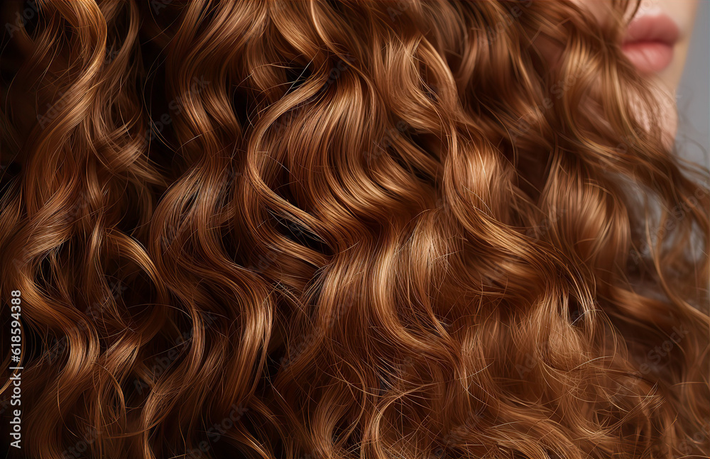 Beautiful long shiny red hair curly texture. Closeup of brown curly ...