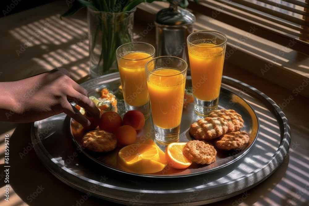 A morning routine scene with a tray of breakfast items, featuring a ...