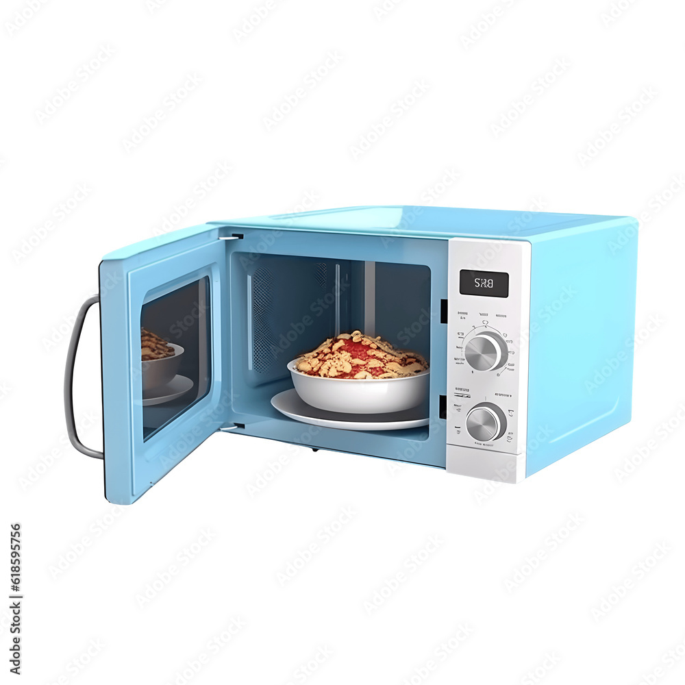 Open Shiny blue stainless steel countertop microwave with food ...