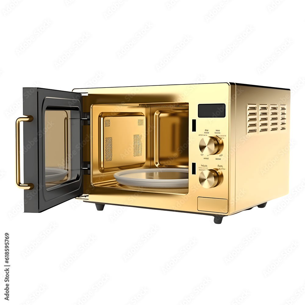 Open Shiny gold stainless steel countertop microwave without food ...