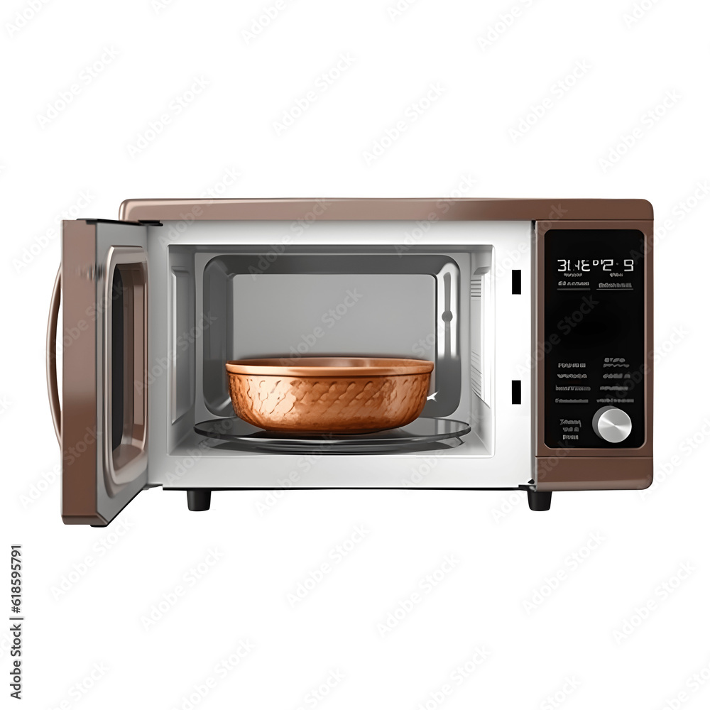 Open Shiny brown stainless steel countertop microwave with food ...