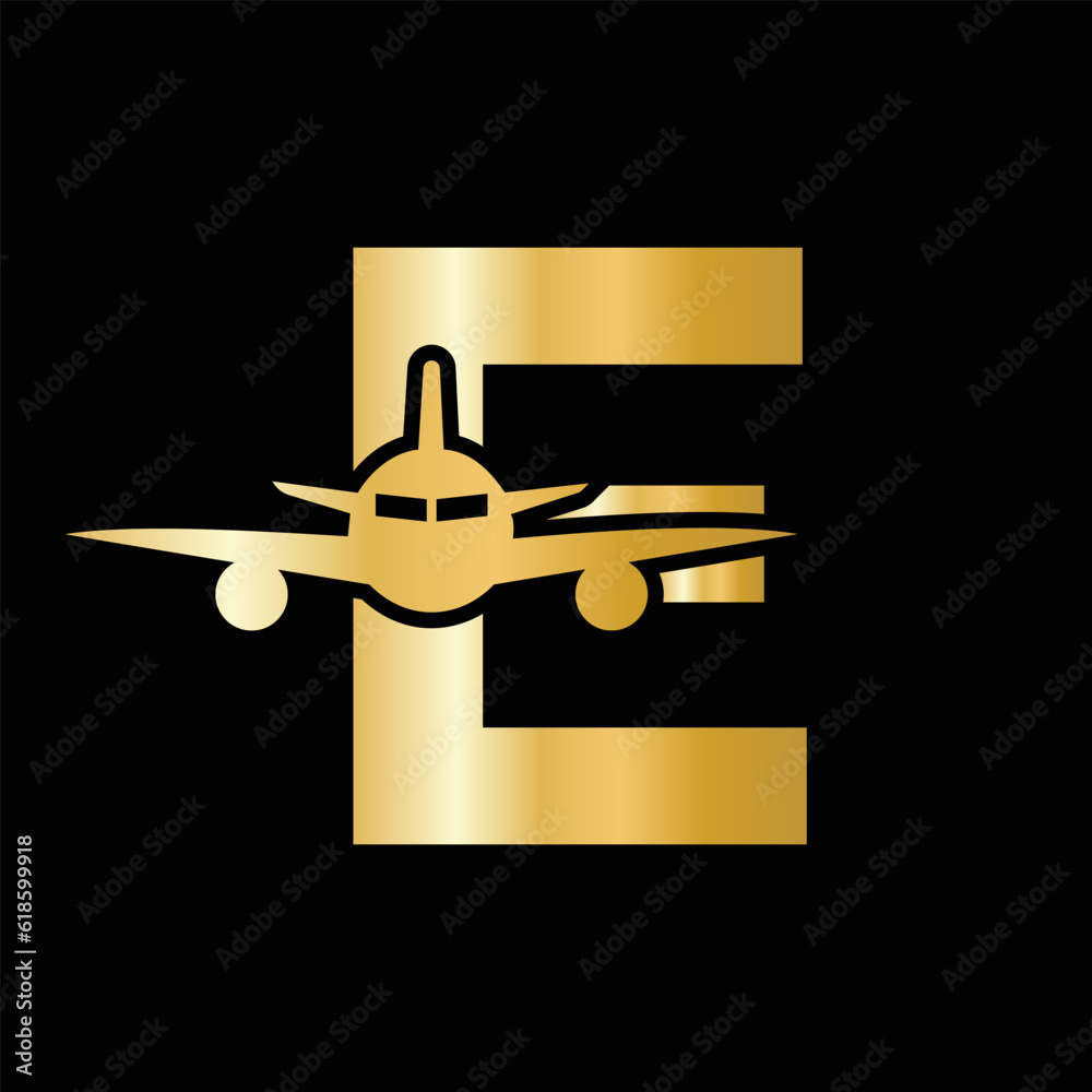 Vetor de Letter E Travel Logo Concept With Flying Air Plane Symbol do ...