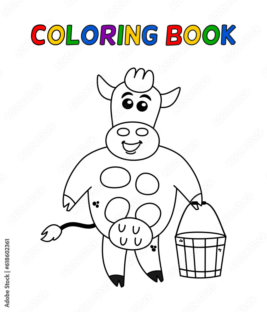 Smiling dairy cow with bucket full of fresh milk on white background ...