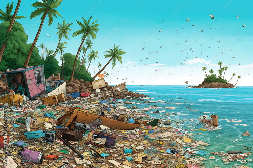 Dirty beach pollution sea view. Garbage and trash on the sand beach ...