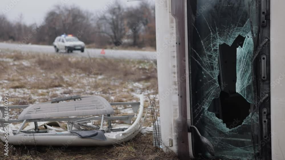 Traffic collision, Broken glass, Police car. Truck has been involved in ...