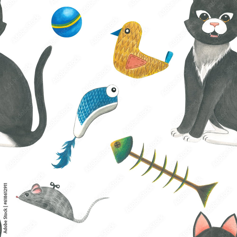 Watercolor illustration cat and cat toys . Seamless pattern hand drawn ...