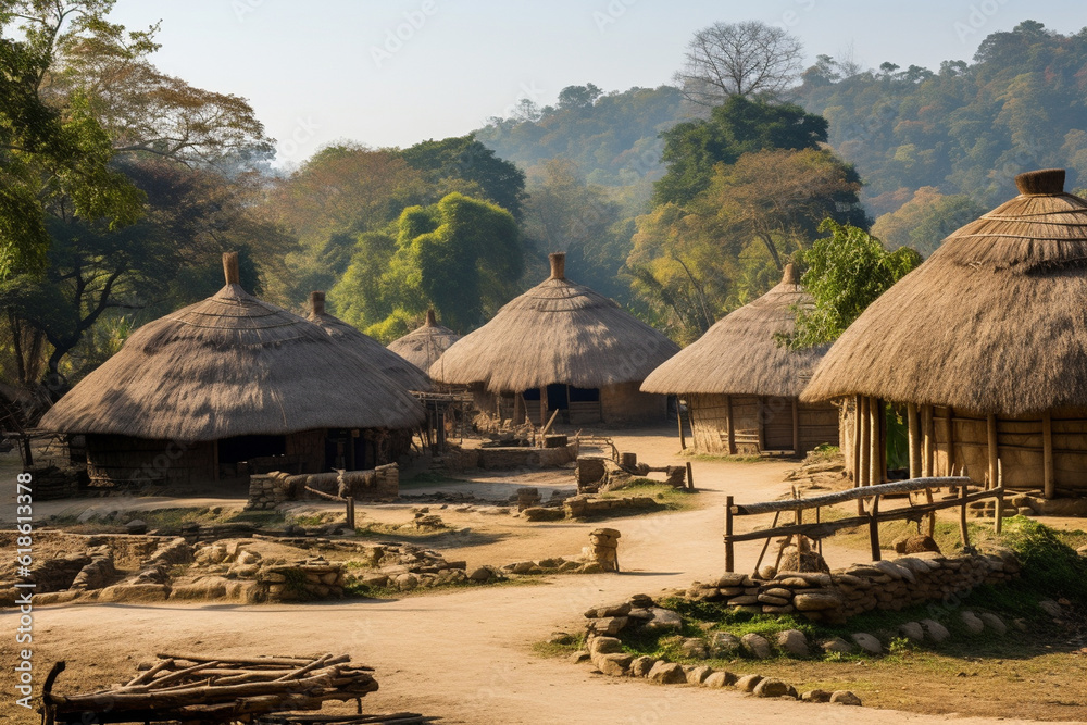 A traditional Indian village with thatched roof houses, Indian culture ...
