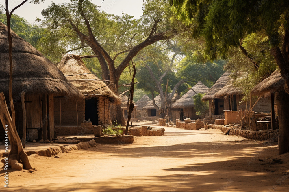 A traditional Indian village with thatched roof houses, Indian culture ...
