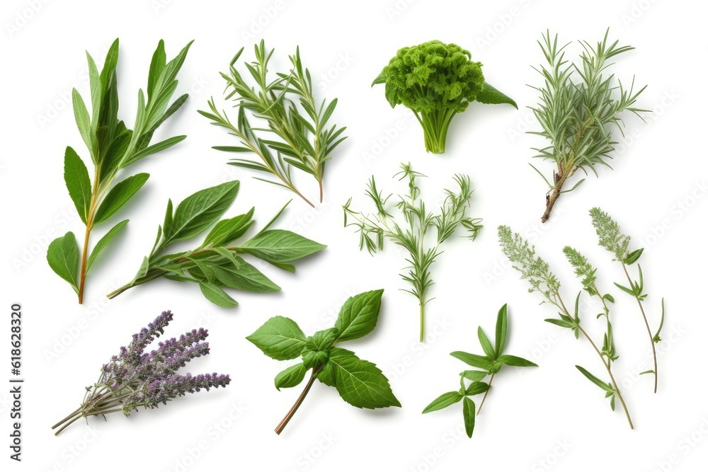 Collection of different types of herbs, icon sets, generative ai ...