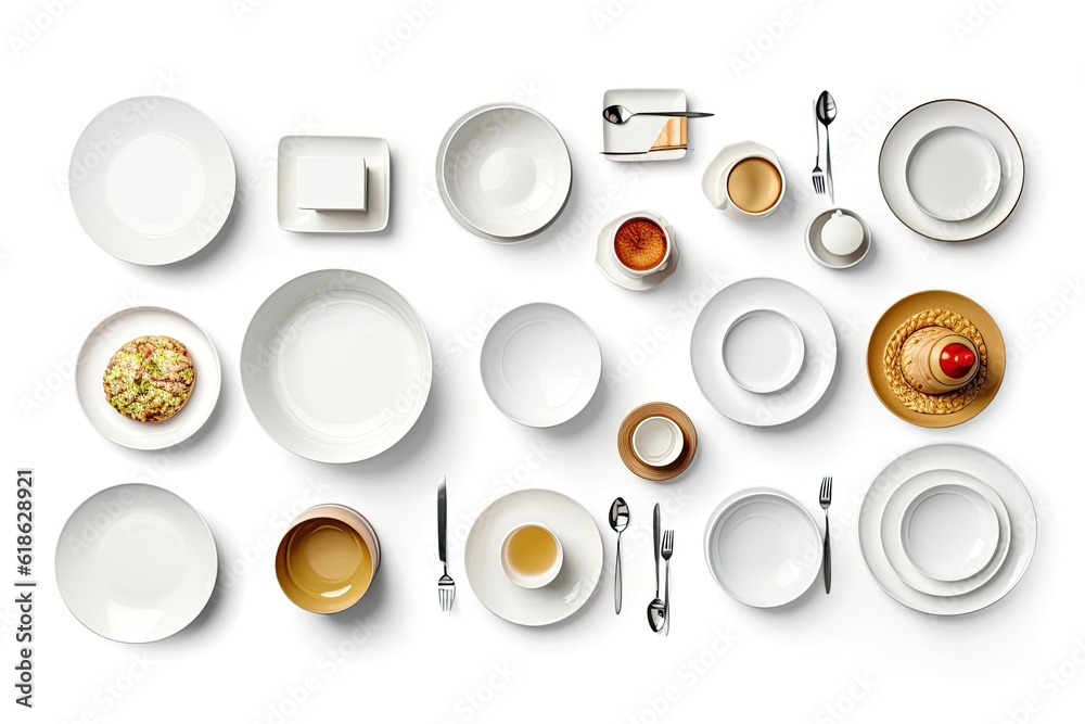 Collection of different types of tableware, porcelain utensils, icon ...