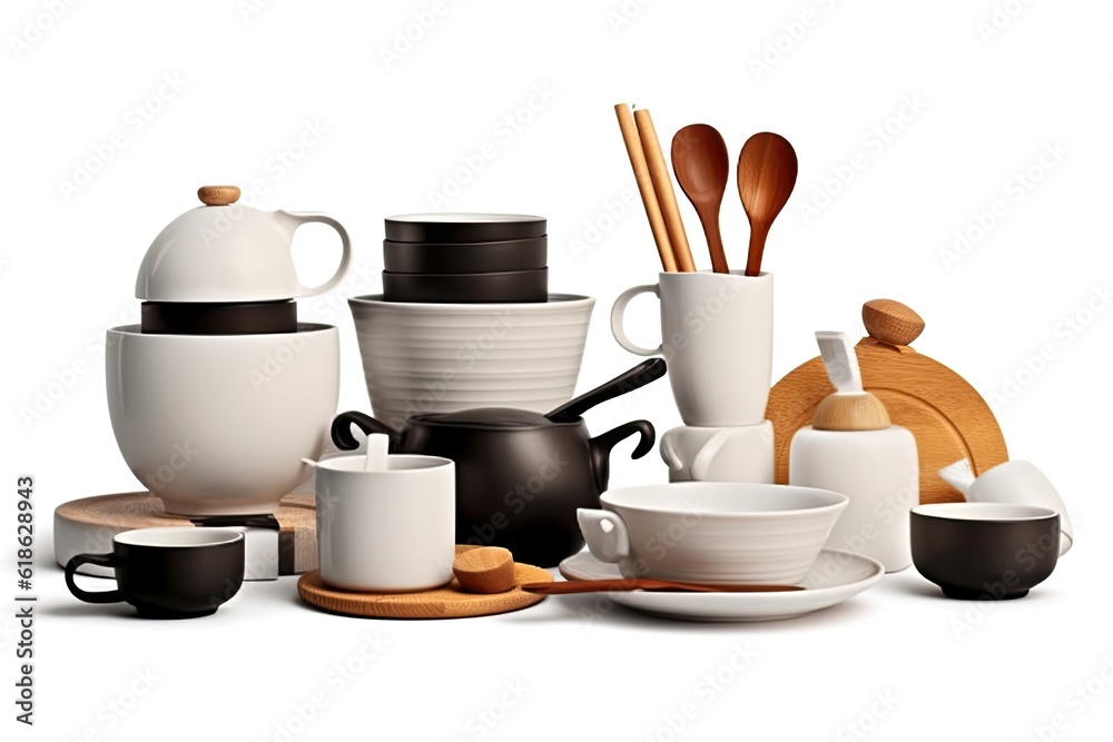 Collection of different types of tableware, porcelain utensils, icon ...
