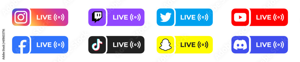 Zdolbuniv, Ukraine - June 30, 2023: Streaming live social media icons ... Zdolbuniv, Ukraine - June 30, 2023: Streaming live social media icons ...