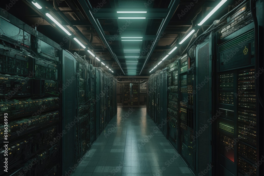 server room with rows of computer servers and network equipment in a ...