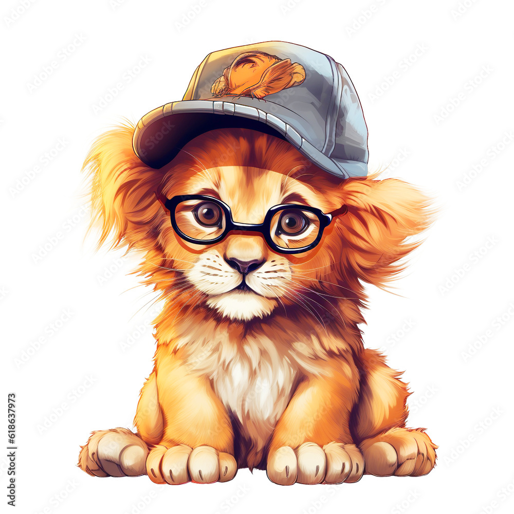 Portrait of baby lion cub in a hat and with glasses on a white ...