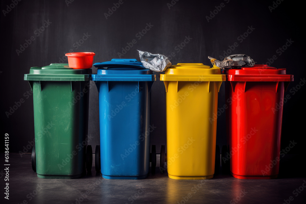 Multi-colored garbage containers on the city street, recycling and ...