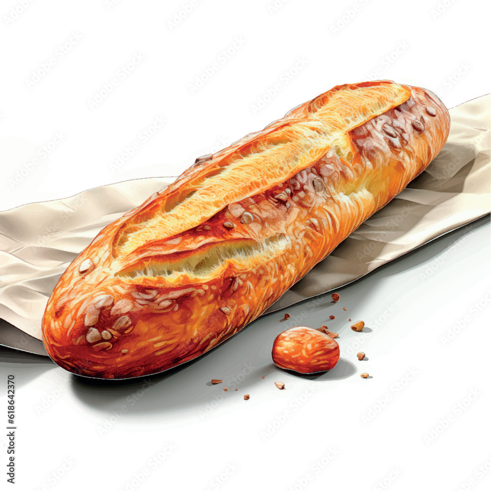 Stylized seen bread isolated on white background. Wheat bread baguette ...
