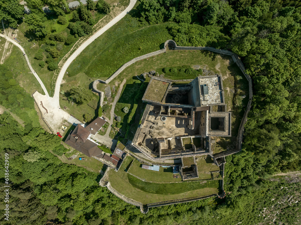 Aerial ground plan view of Landstejn castle with rectangular keep and ...
