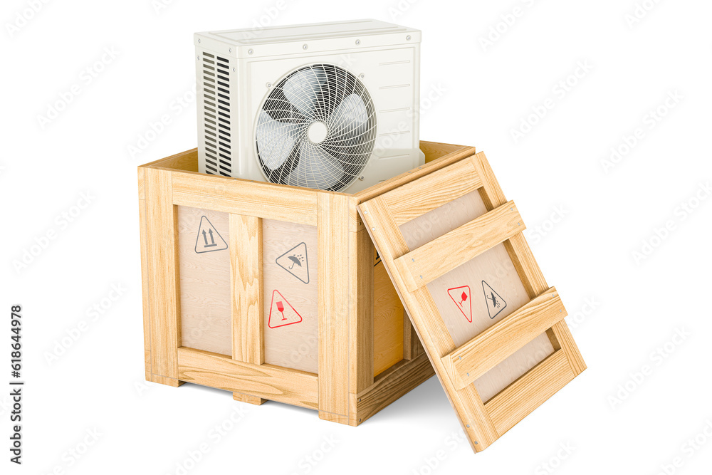 Air conditioner, outdoor compressor unit inside wooden box, delivery ...