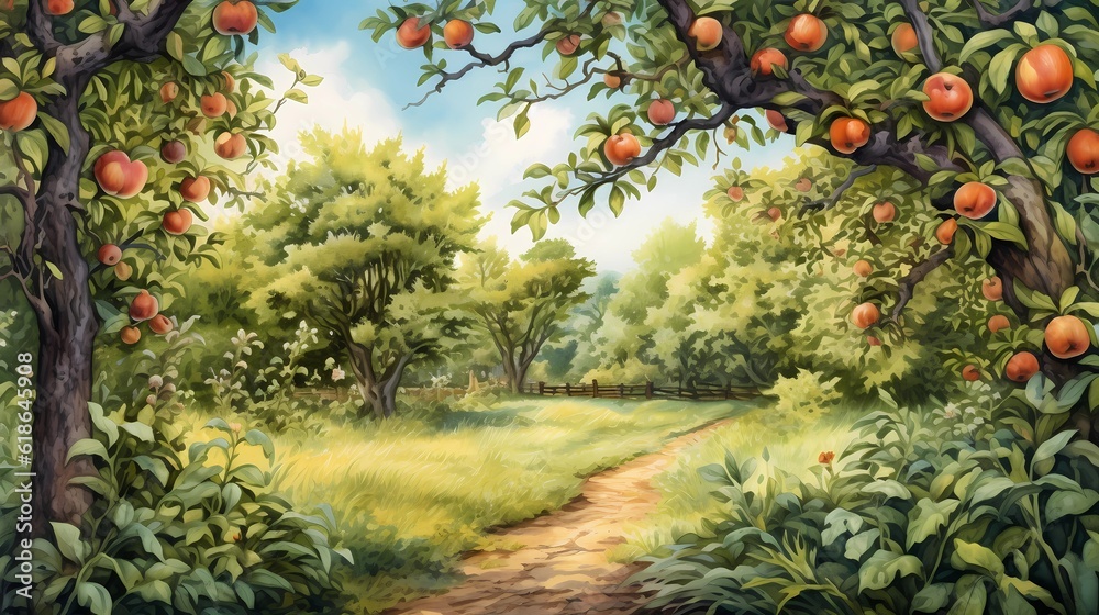 Beautiful Green Orchard with Clear Sky. Realistic Drawing. Concept Art ...