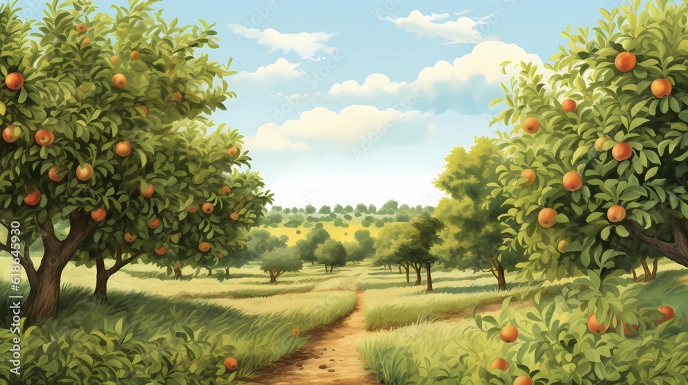 Beautiful Green Orchard with Clear Sky. Realistic Drawing. Concept Art ...