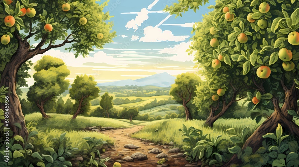 Beautiful Green Orchard with Clear Sky. Realistic Drawing. Concept Art ...