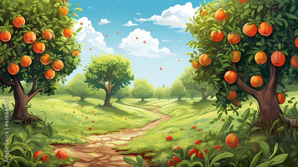 Beautiful Green Orchard with Clear Sky. Realistic Drawing. Concept Art ...