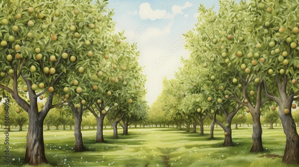 Beautiful Green Orchard with Clear Sky. Realistic Drawing. Concept Art ...