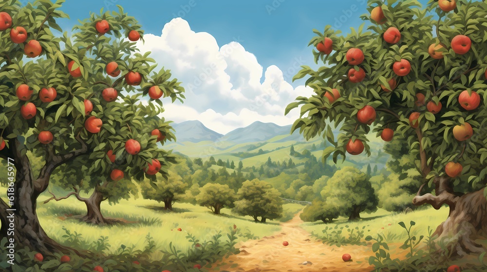 Beautiful Green Orchard with Clear Sky. Realistic Drawing. Concept Art ...