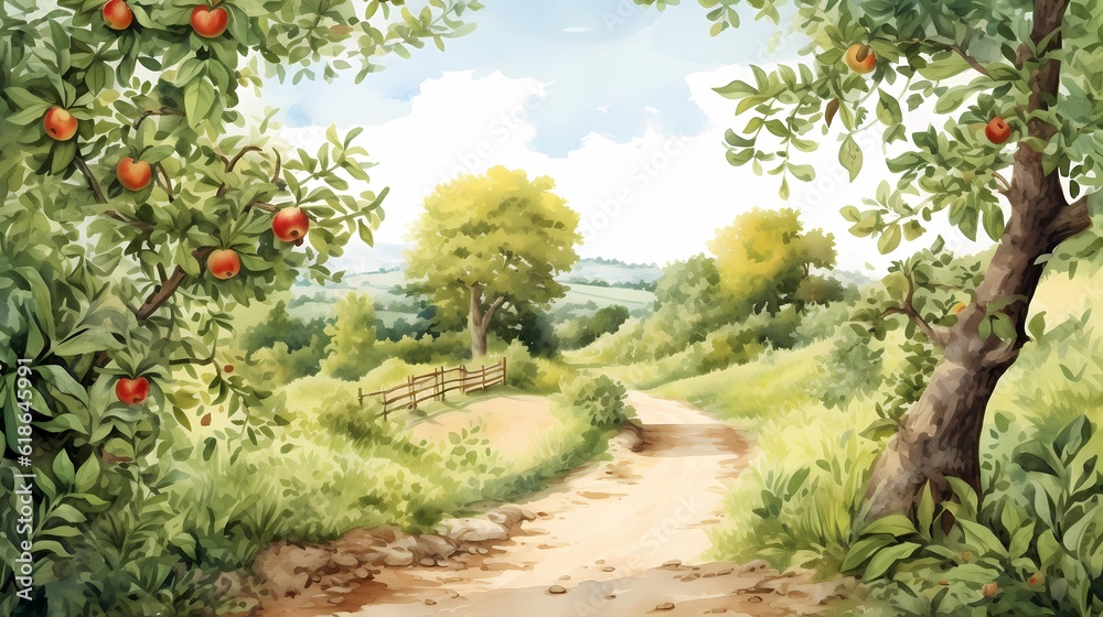 Beautiful Green Orchard with Clear Sky. Realistic Drawing. Concept Art ...