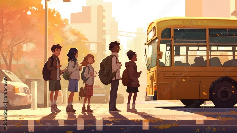 students getting on the school bus to go to school in the morning, line ...