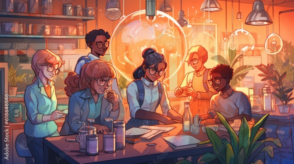 students in a chemistry laboratory, with a view of the city on their ...