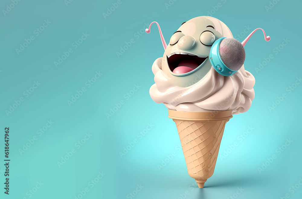 Happy ice cream listening to music on a blue background. Background ...