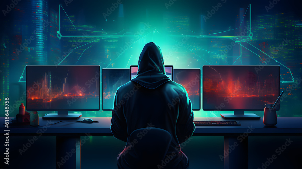 Digital crime by an anonymous hacker in front of his computer ...